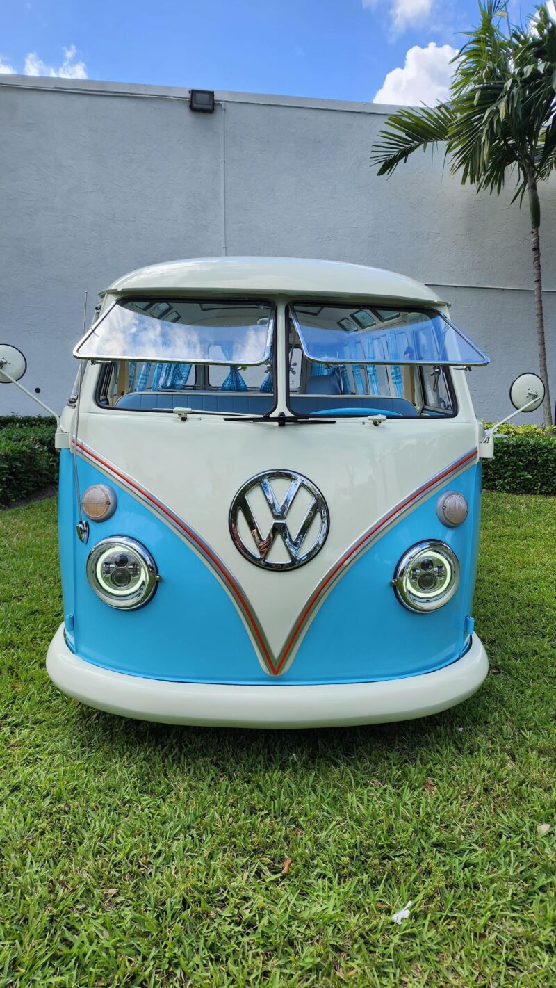 1972 MIAMI BLUE VW BUS SAMBA RECREATION 23 WINDOWS - USA Custom Bus