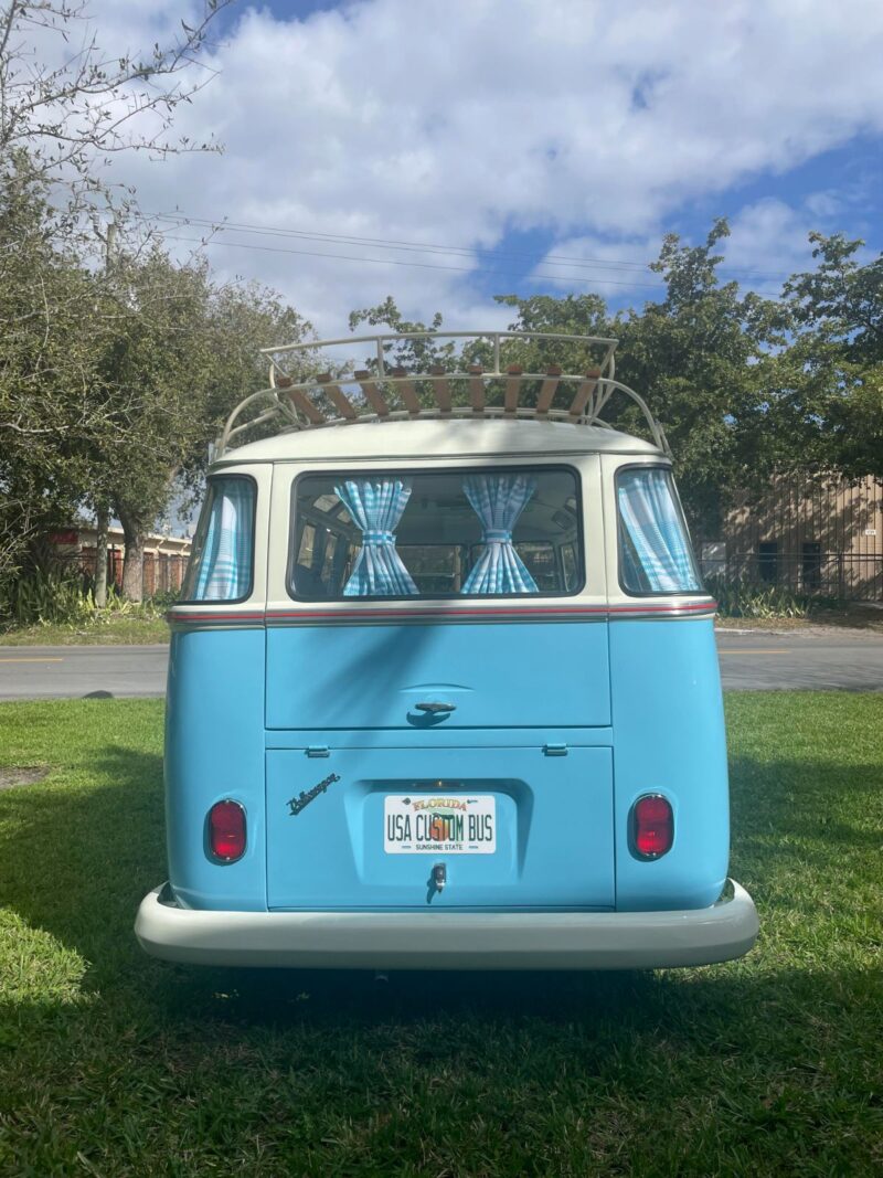 1972 MIAMI BLUE VW BUS SAMBA RECREATION 23 WINDOWS - USA Custom Bus