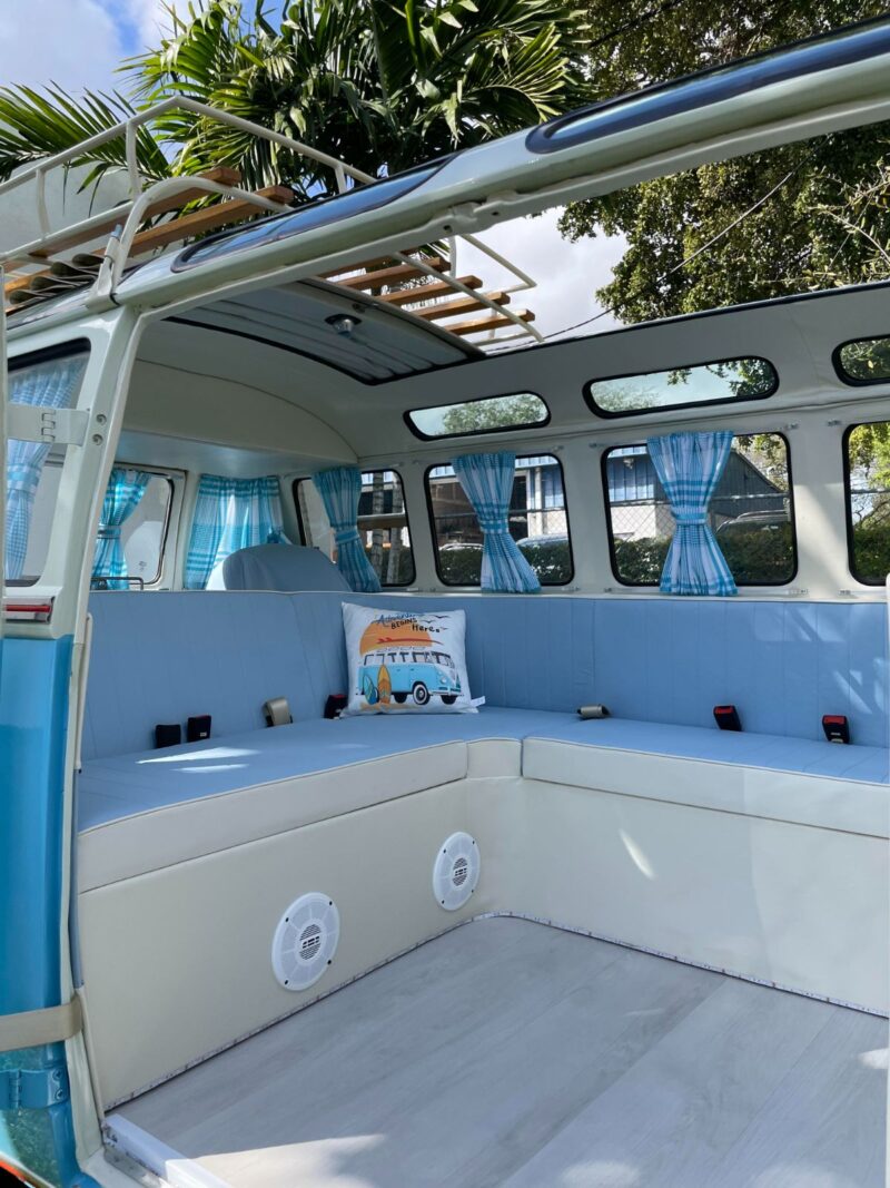 1972 MIAMI BLUE VW BUS SAMBA RECREATION 23 WINDOWS - USA Custom Bus