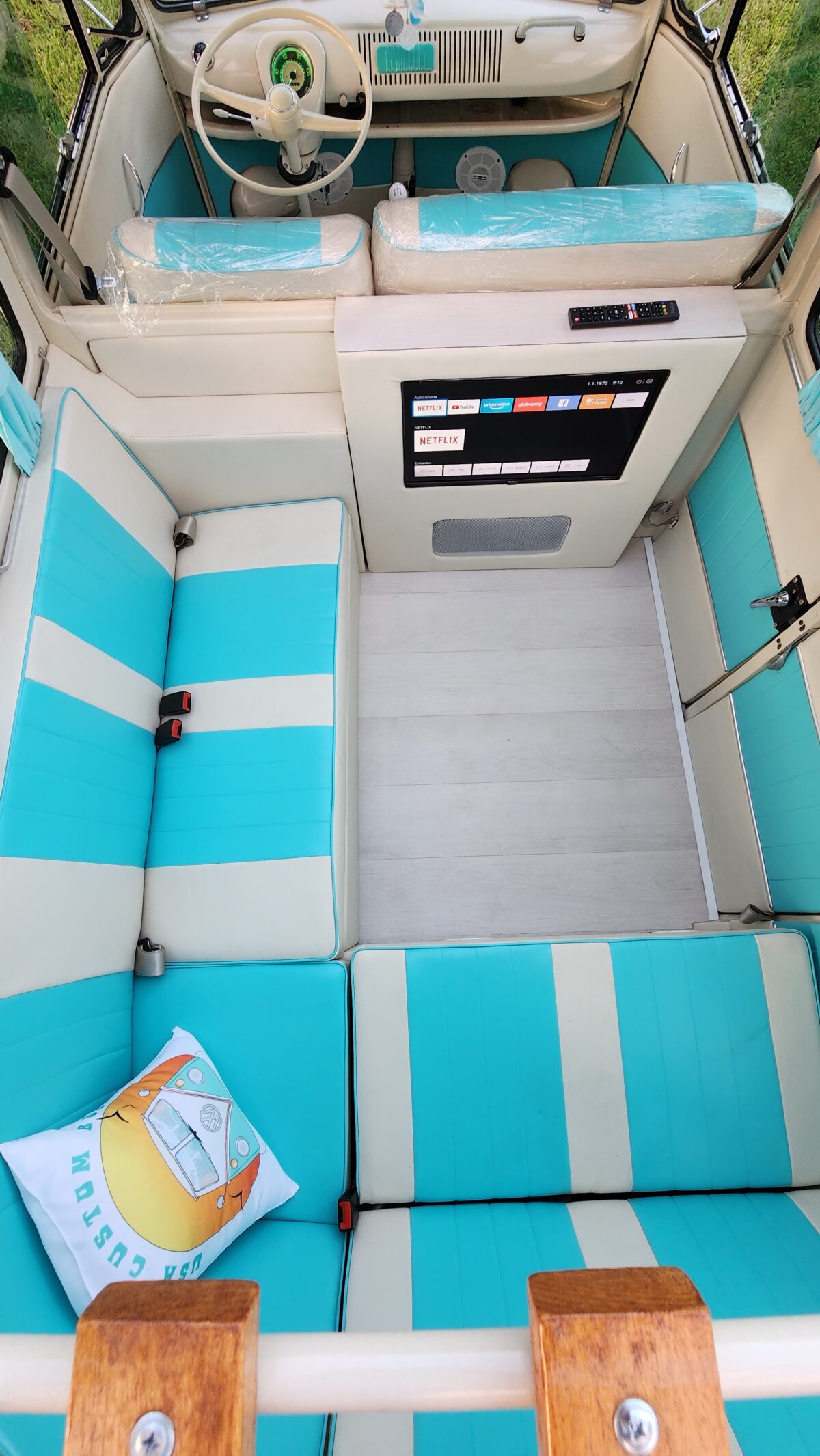 1968 TEAL VW BUS DELUXE SAMBA RECREATION - USA Custom Bus