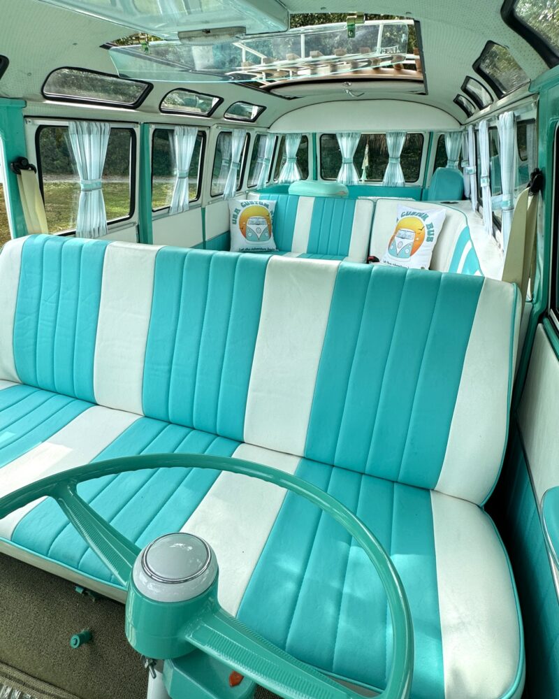 *SOLD*1972 TIFFANY BLUE VW BUS DELUXE SAMBA RECREATION - USA Custom Bus